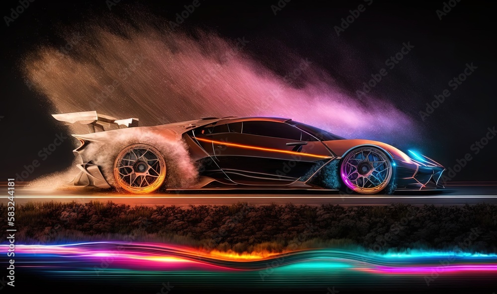 a car with a lot of dust coming out of it's back end and a rainbow of ...