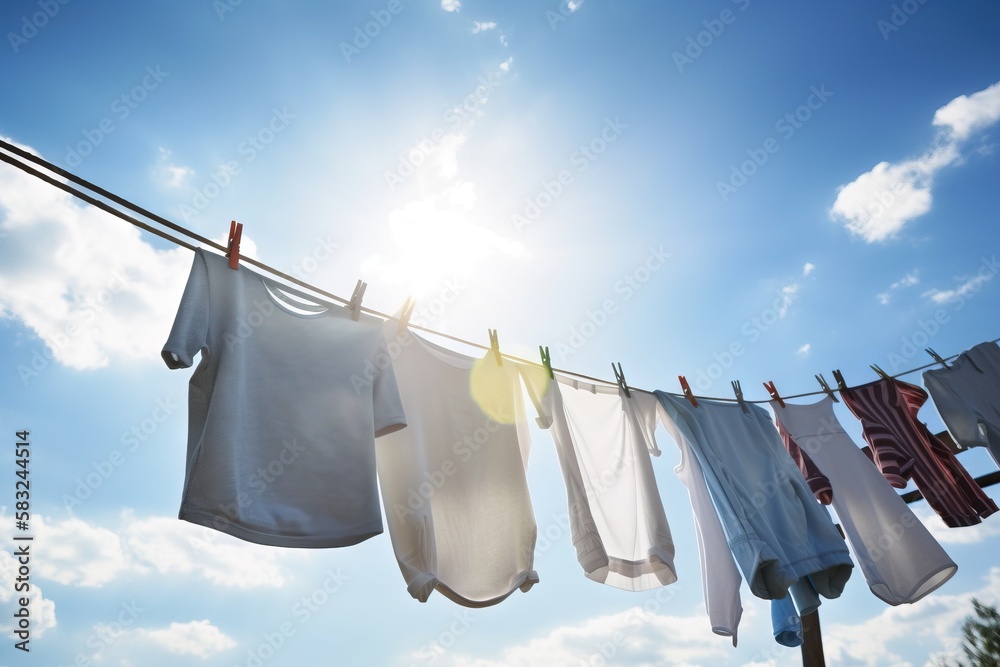 a line of clothes hanging on a clothes line with the sun shining in the ...