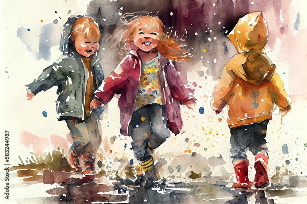 Watercolor Illustration of a Of Happy Kids Playing In Rain Puddles ...