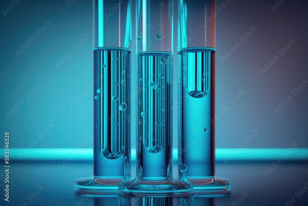 Glass test tubes with thick blue liquid with light blue background ...