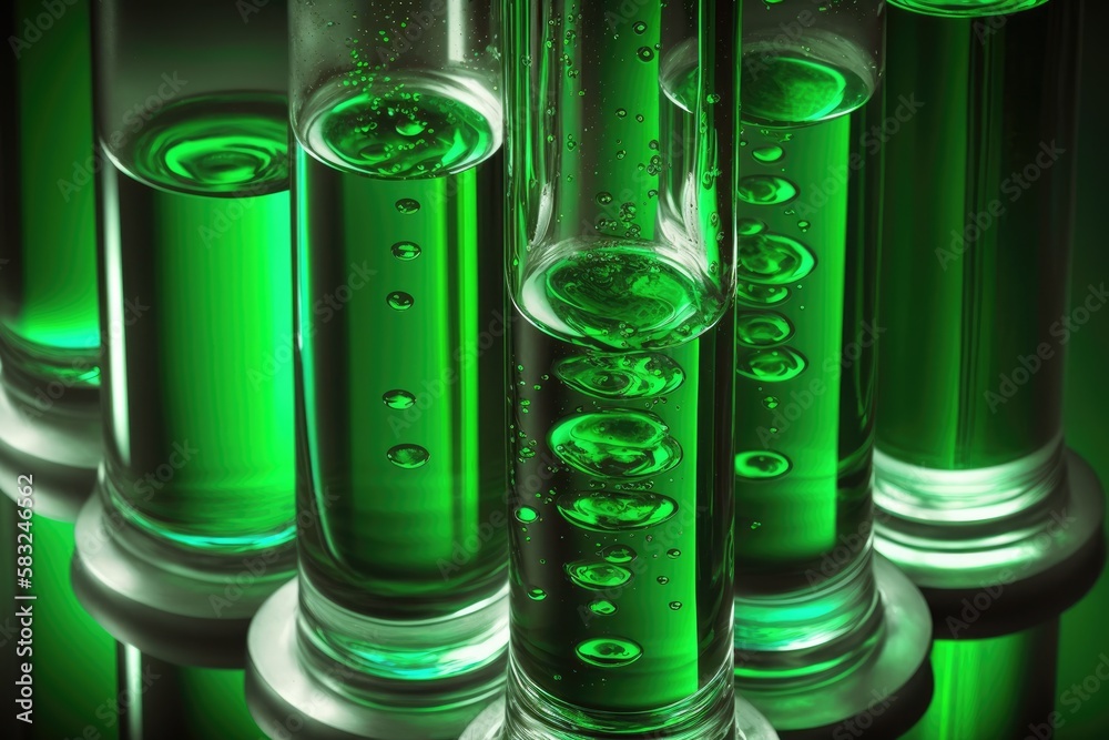 Glass test tubes with thick green liquid. Scientific theme, soap and ...