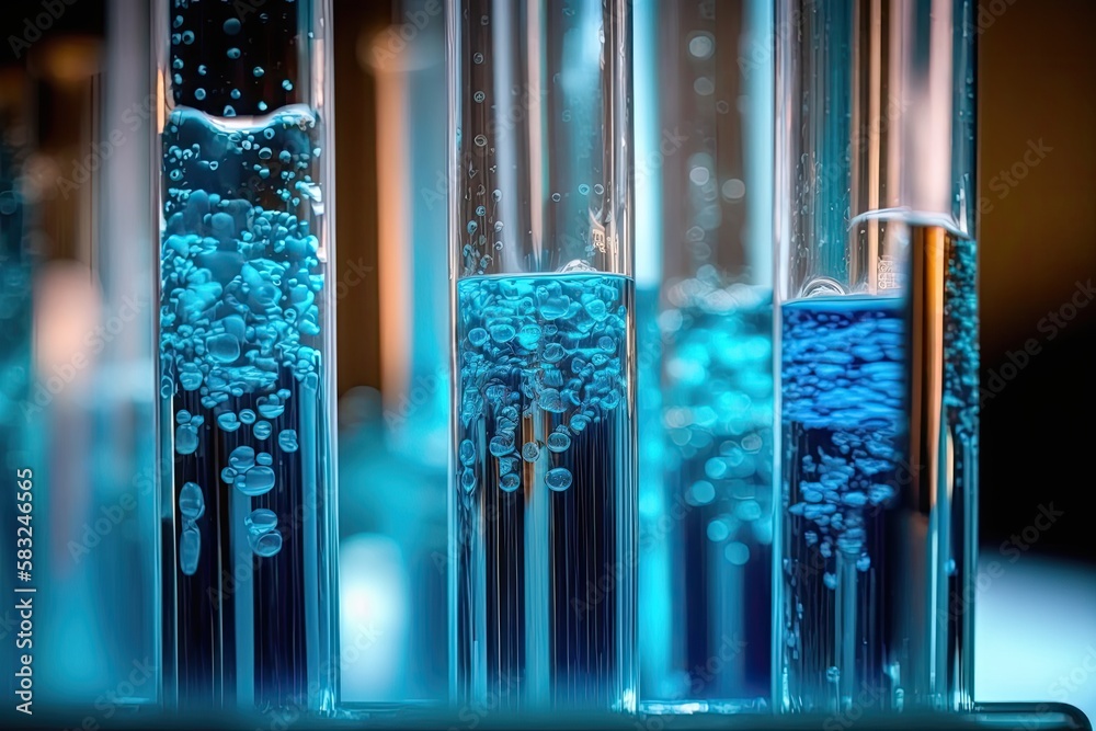 Glass test tubes with thick blue liquid. Scientific theme, soap and ...