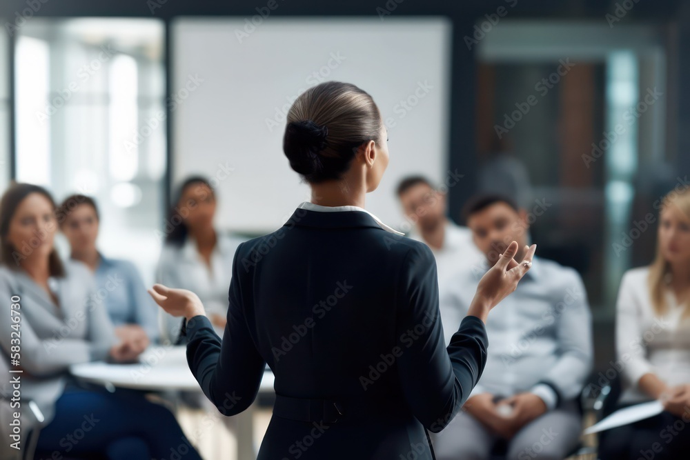 Young professional woman giving engaging corporate presentation, charts ...