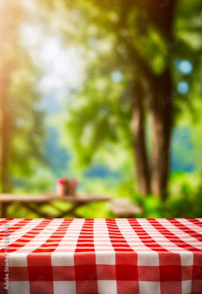 Picnic table with red and white checkered tablecloth on it. Generative ...