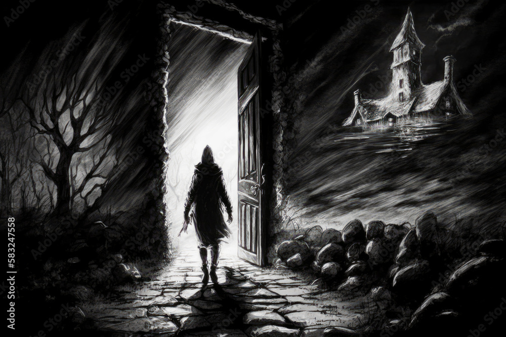 Drawing of person walking out of door into dark cave. Generative AI ...