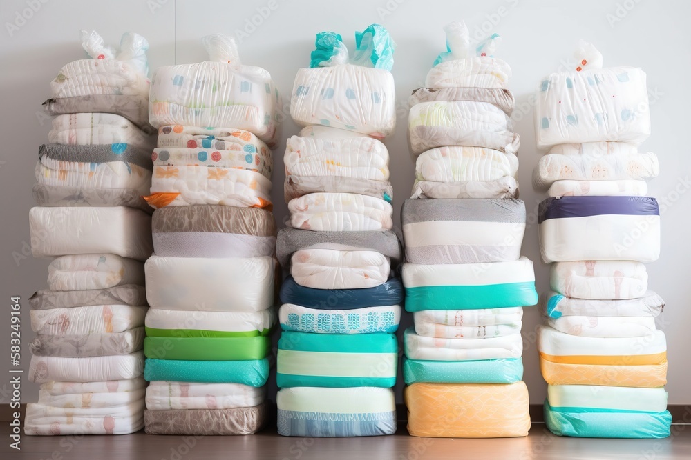 a stack of folded diapers sitting on top of a wooden floor next to a ...