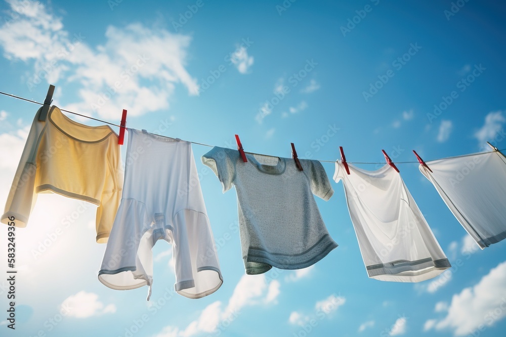 a line of clothes hanging on a clothes line with clothes hanging on a ...