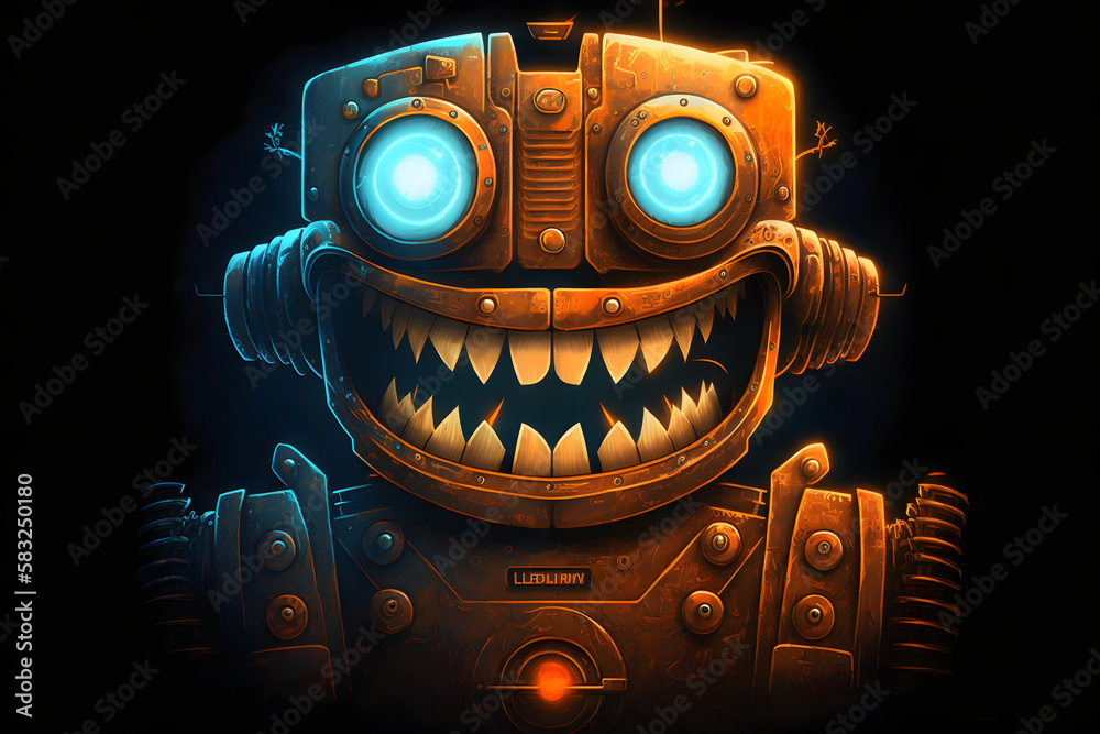 crazy smiling cyborg androidrobot with blue eyes and sharp teeth in ...