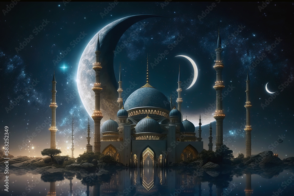 Mosque and crescent moon on starry night sky, Ramadan celebration and ...