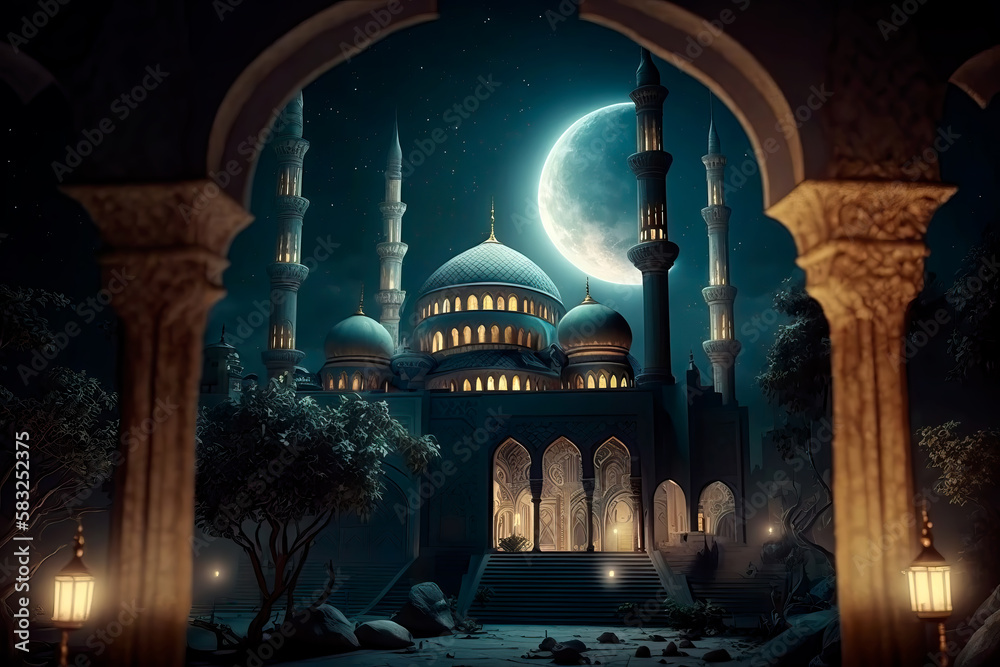 Mosque and crescent moon on starry night sky, Ramadan celebration and ...