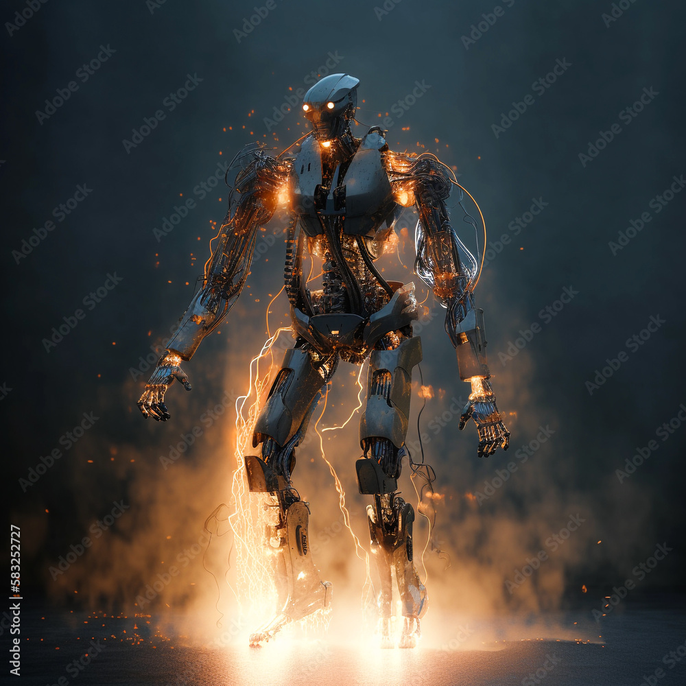 Humanoid cybernetic robot with metal mechanisms and muscles, details of ...