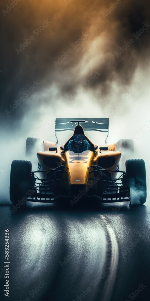 Foggy F1: A Formula One Car Emerges from the Mist. Generative AI. Stock ...
