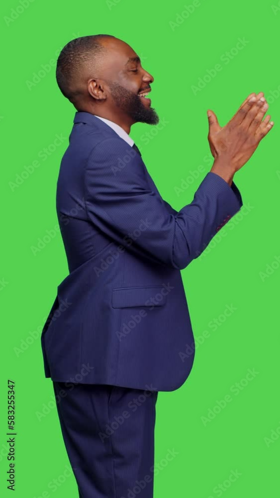 Vertical video: Profile of positive optimistic adult clapping hands and ...