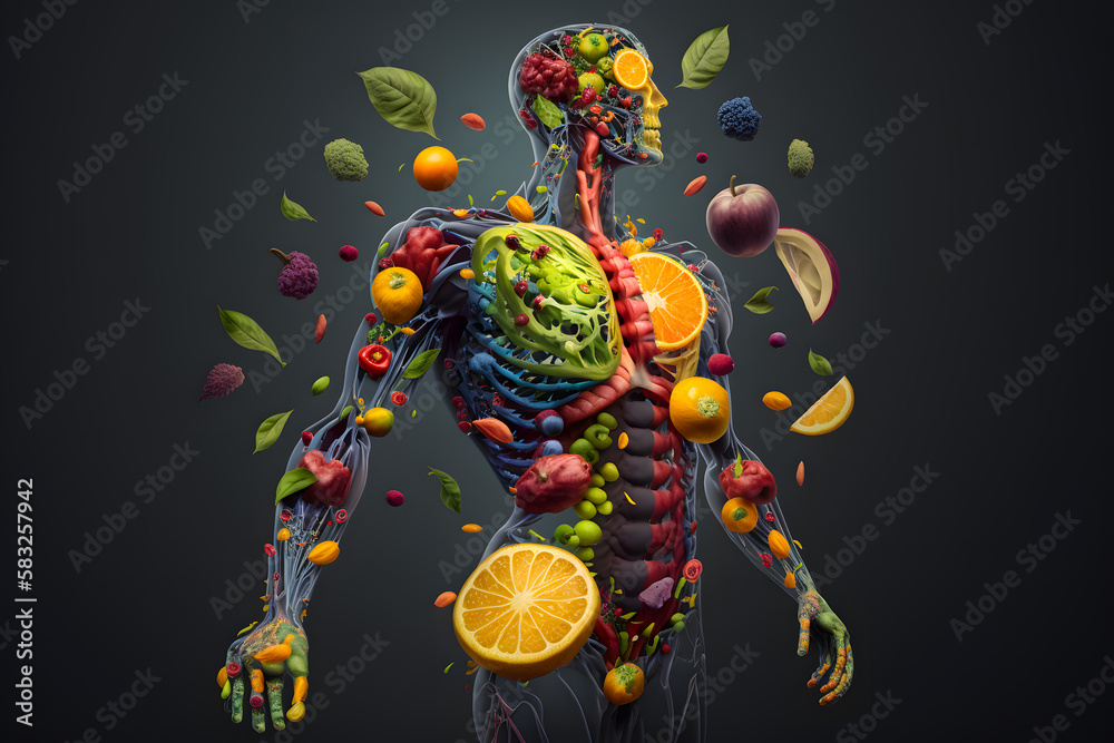 Human body made of vegetables, fruits and berries. Healthy eco organism ...