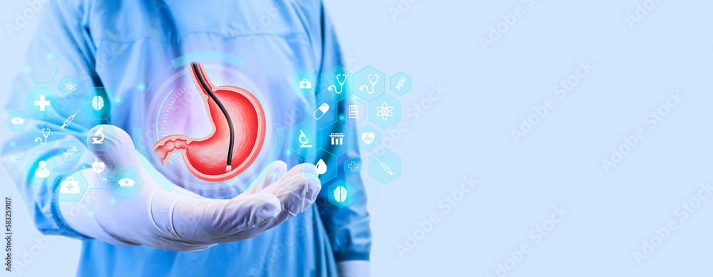 Endoscopic biopsy, esophagogastroduodenoscopy, EGD. Human stomach ...
