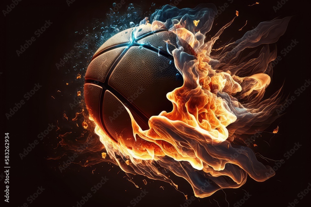 Basketball in on fire, burning ball flies on dark background. Winning ...