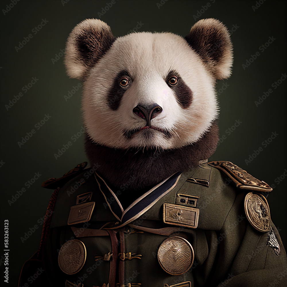 Realistic lifelike panda bear in dapper military army formal suit shirt ...