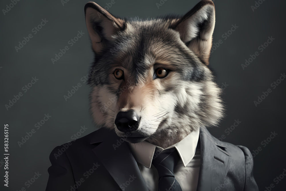 Portrait of wolf in the business suit. Sly smiling avatar. generative ...