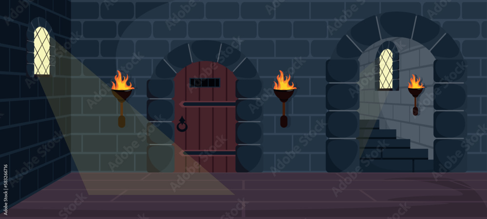 Vector illustration, dark dungeon of a medieval castle with stone walls ...