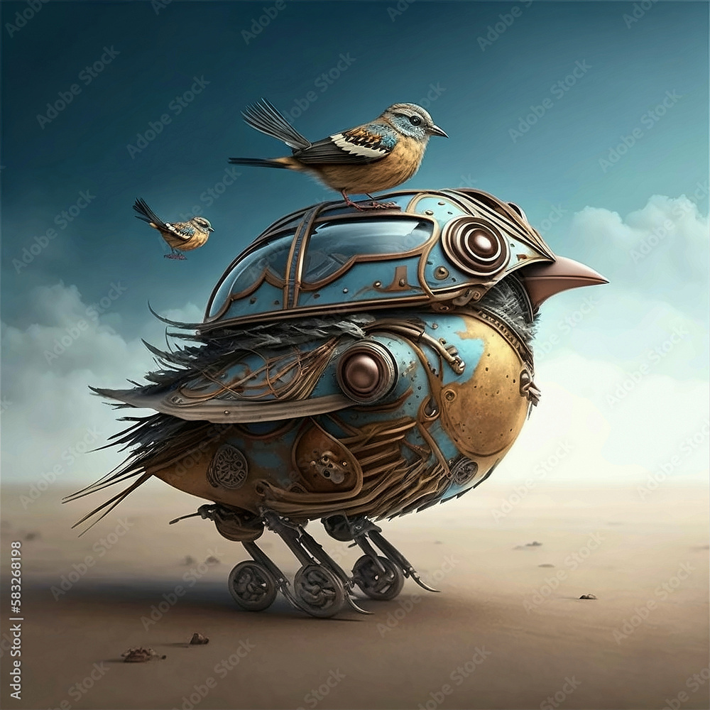 A mechanical sparrow, an illustration of a surreal bird with a ...