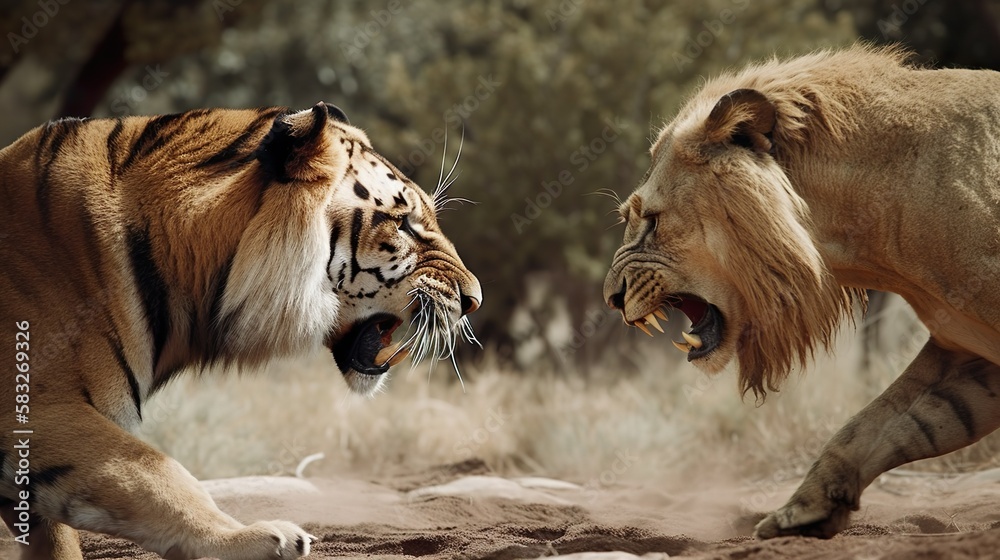 Tiger vs lion standing in front of each other prepared for fight ...