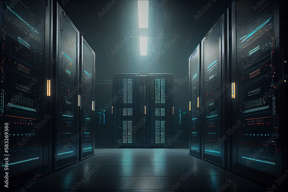 Fantastic view of the mainframe in the data center rows. Shot of a ...