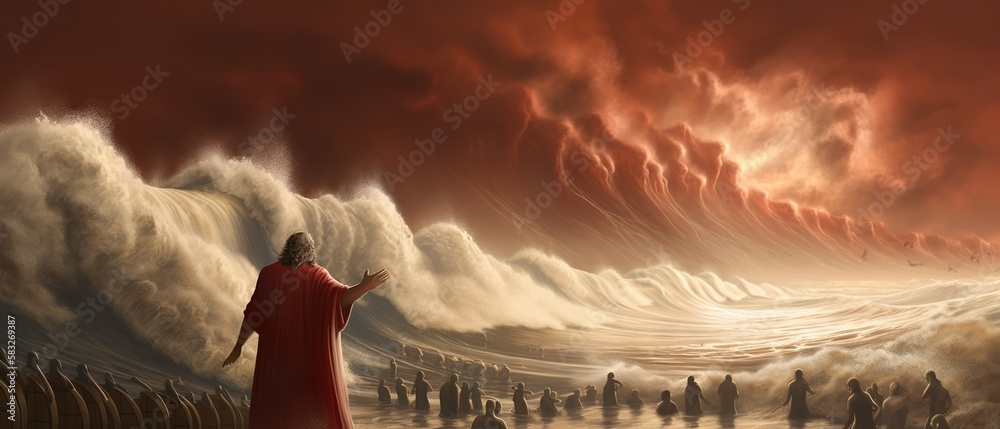 Moses splitting the red sea, religious biblical illustration ...