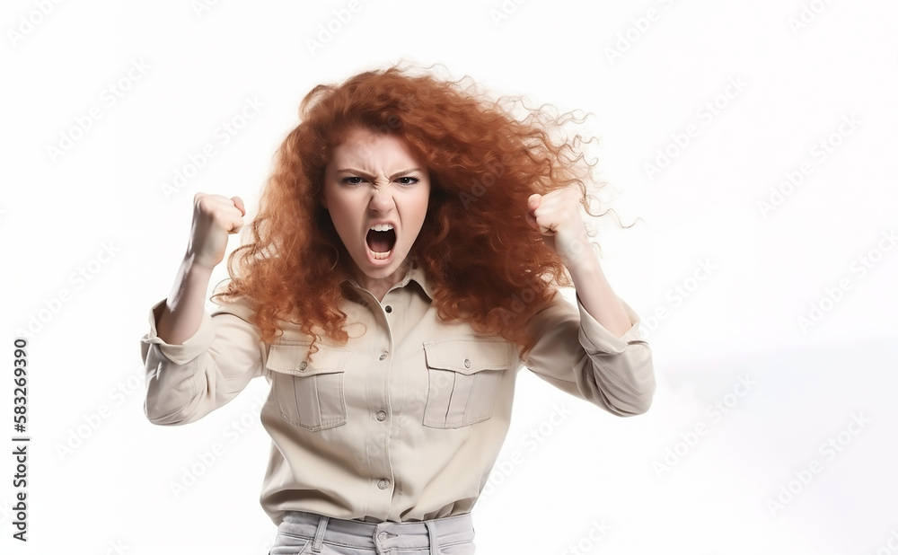 Angry woman screaming with rage, furious and dangerous, copy space ...