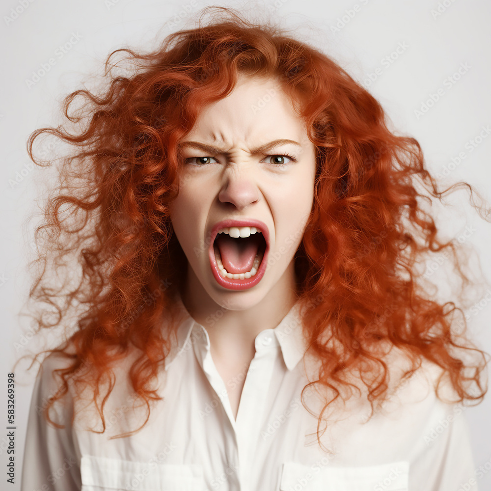 Angry woman screaming with rage, furious and dangerous, copy space ...