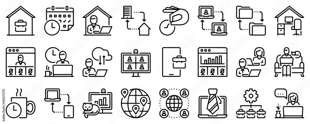 Line icons about remote working on transparent background with editable ...