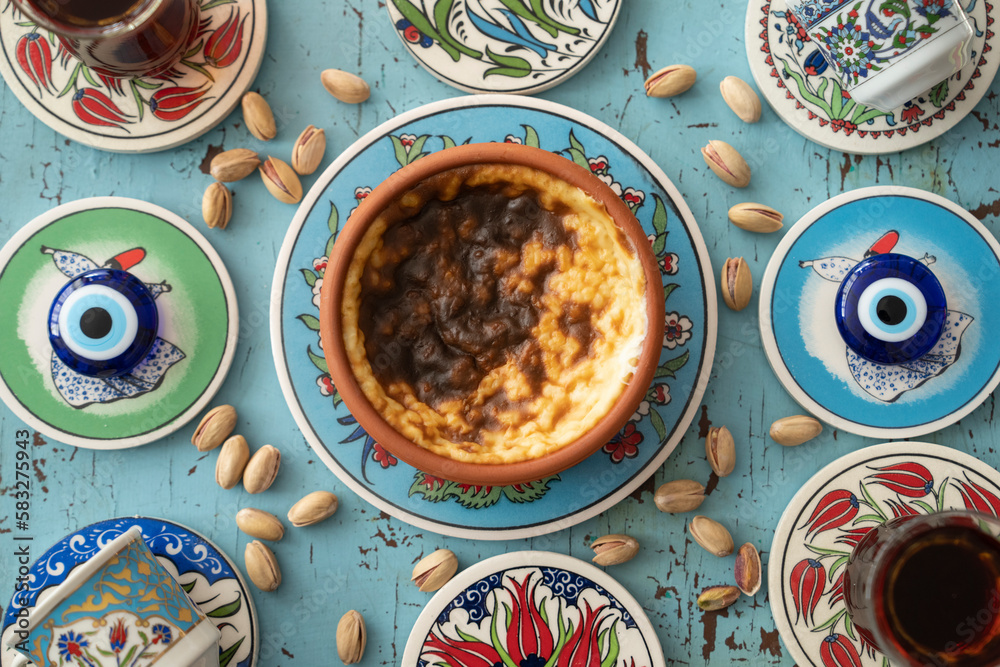 Photograph of Rice Pudding (Turkish Sutlac) in Ottoman Tile Turkish ...