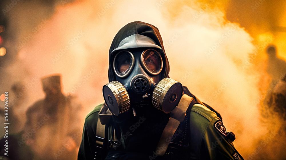 A protester wearing a gas mask during a riot in Paris, France ...