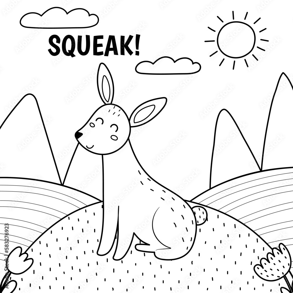 Rabbit saying squeak black and white print. Cute farm character on a ...
