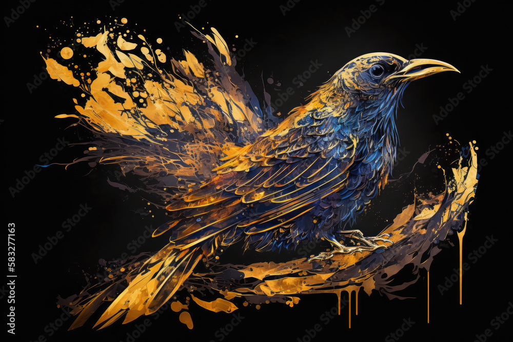 Golden abstract bird poster, on black background concept illustration ...