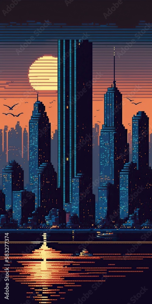 8 bit beautiful cityscape, concept of Pixel art and Urban landscape, created with Generative AI ...