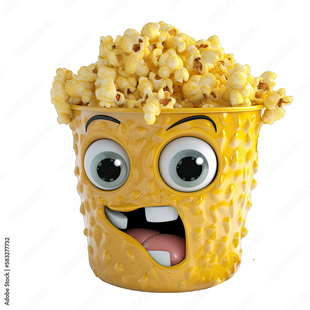 bucket of popcorn with eyes and mouth, mascot, transparent background ...