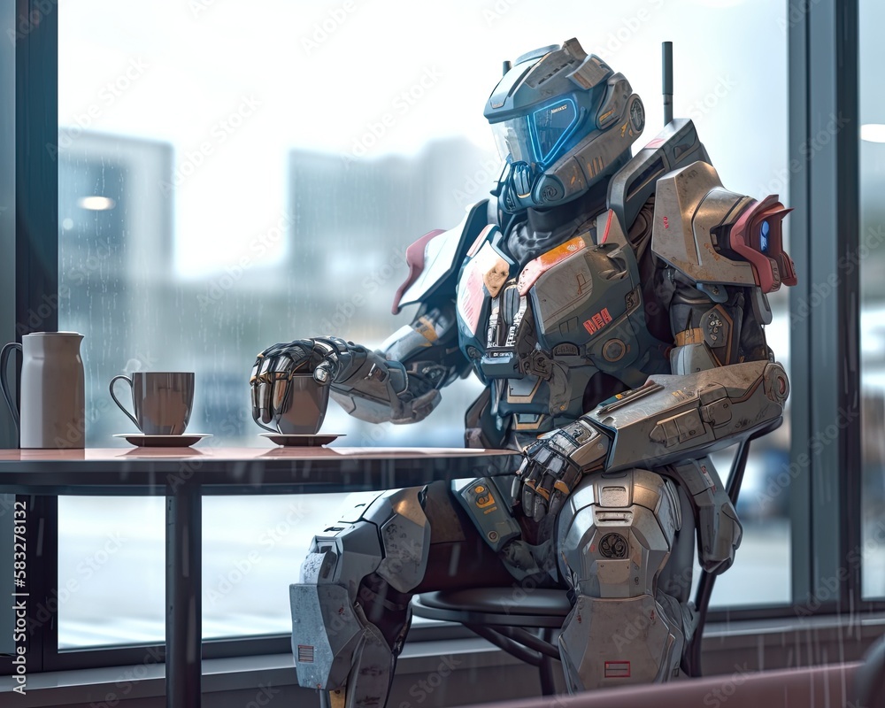 Mecha Soldier Enjoying Rainy-Day Coffee in Modern Café with Glass ...