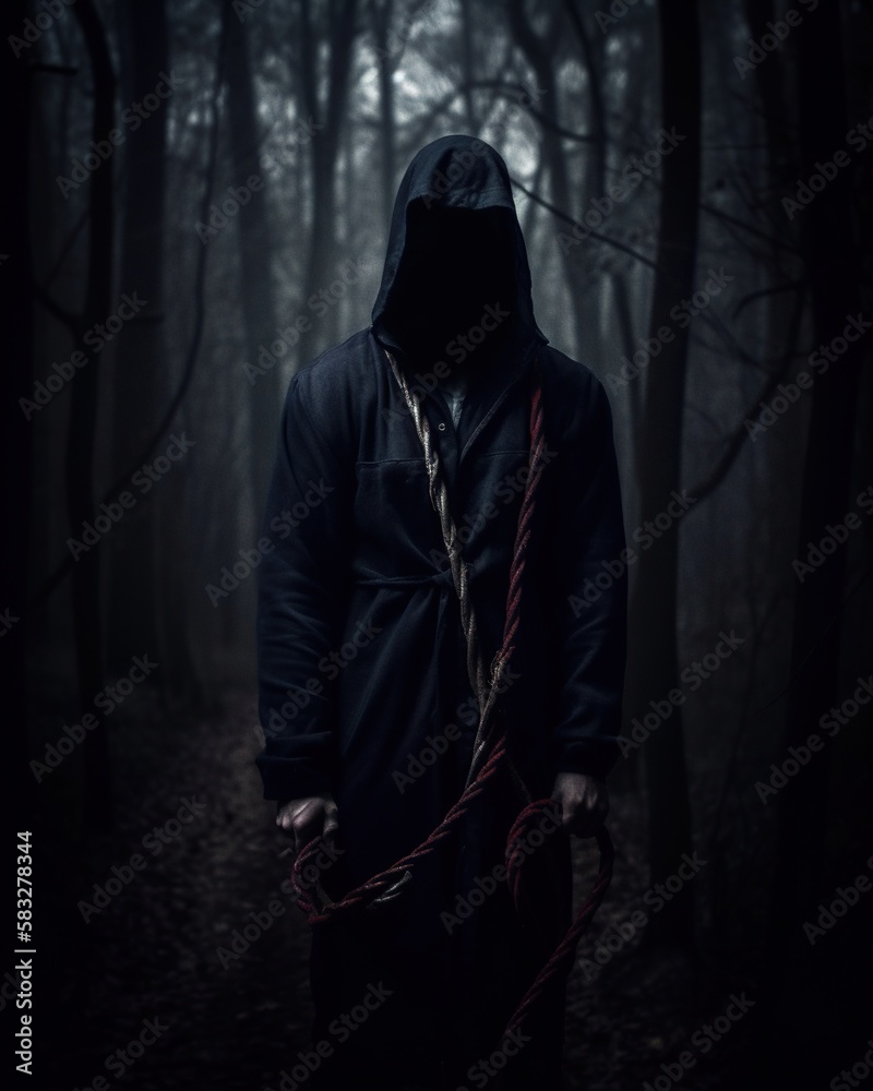 Creepy Urban Legend: The Hook Man in Dark Forest. Generative AI. Stock ...