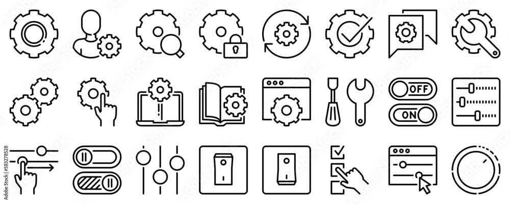 Line icons about settings controls on transparent background with ...