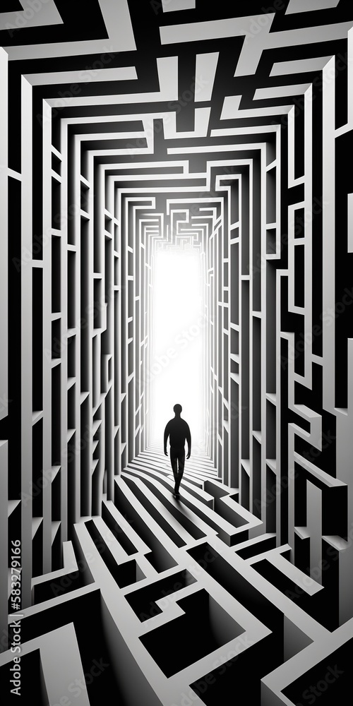 person lost or trapped inside giant barcode maze looking for way out ...
