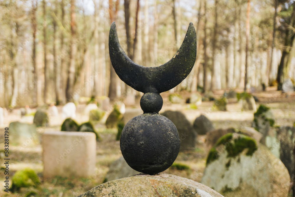 Crescent moon religious symbol. Old islamic cemetery. Muslim religion ...