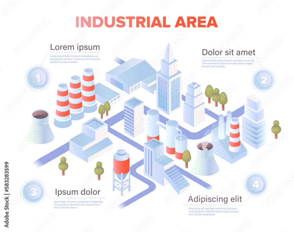 Industrial city area. Template, layout and mock up. Fuel cans, highrise ...