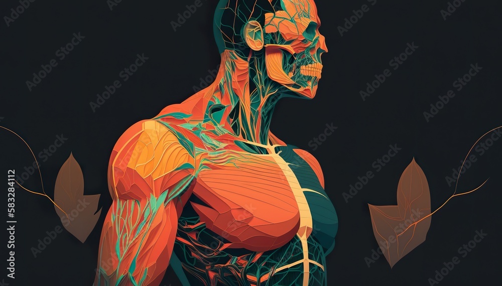 Anatomical body muscle fibers are visible . Creative illustration. (Ai ...