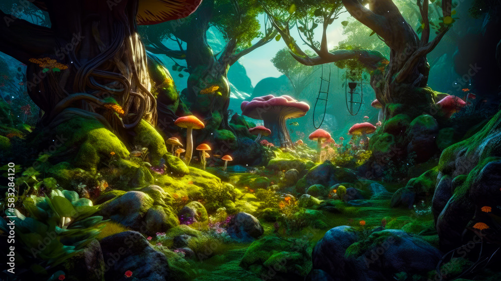 An animated forest scene with mushrooms and trees. Generative AI. Stock ...