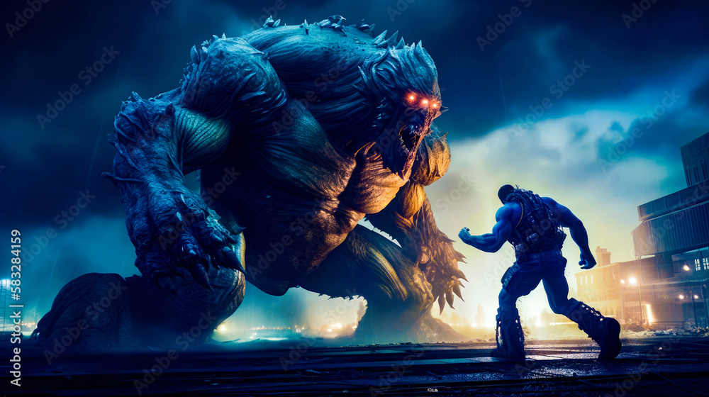 Video game character stands in front of giant monster. Generative AI ...