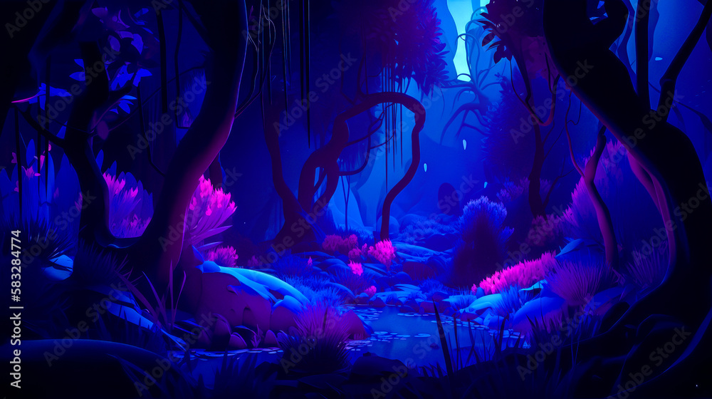 An animated scene of dark forest with purple and blue lights ...