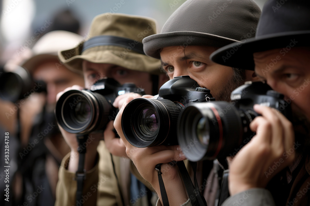 Journalist photographers taking photos in the street. Generative AI ...