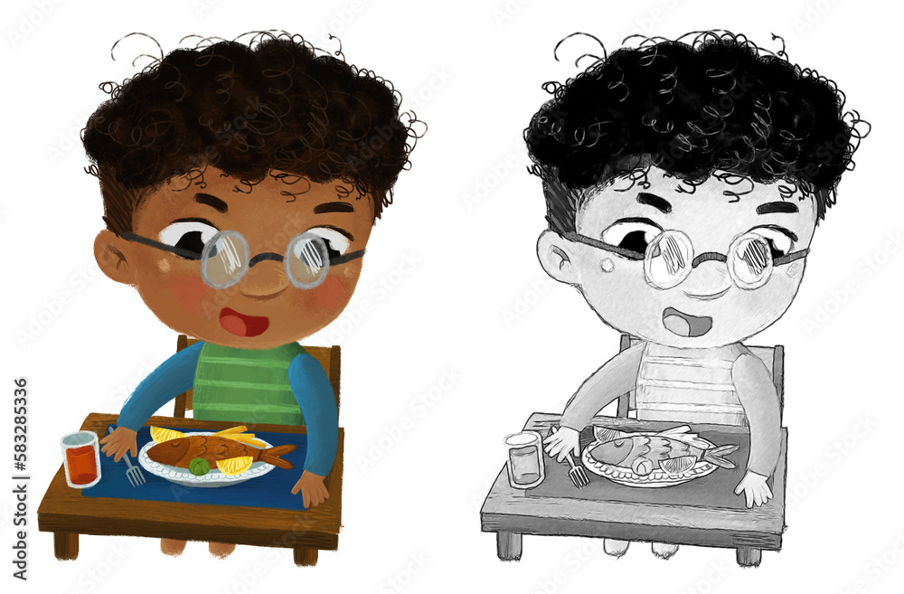 cartoon scene with boy eating healthy dinner fried fish illustration ...