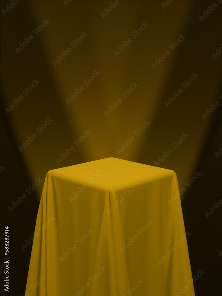 Yellow fabric covering a cube or a table, with red background and stage ...