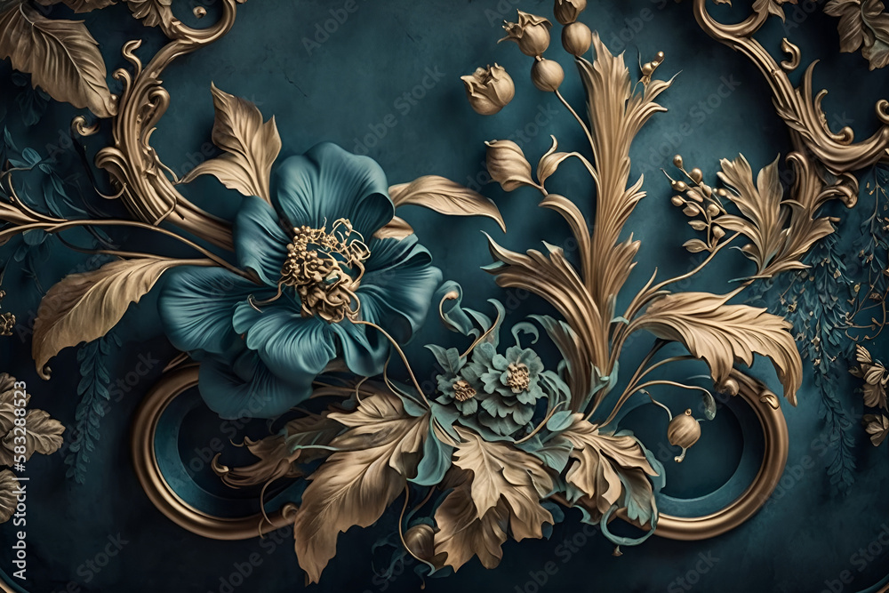 wallpaper of a rococo blooms flowers retro vibes scheme blue gold tone ...